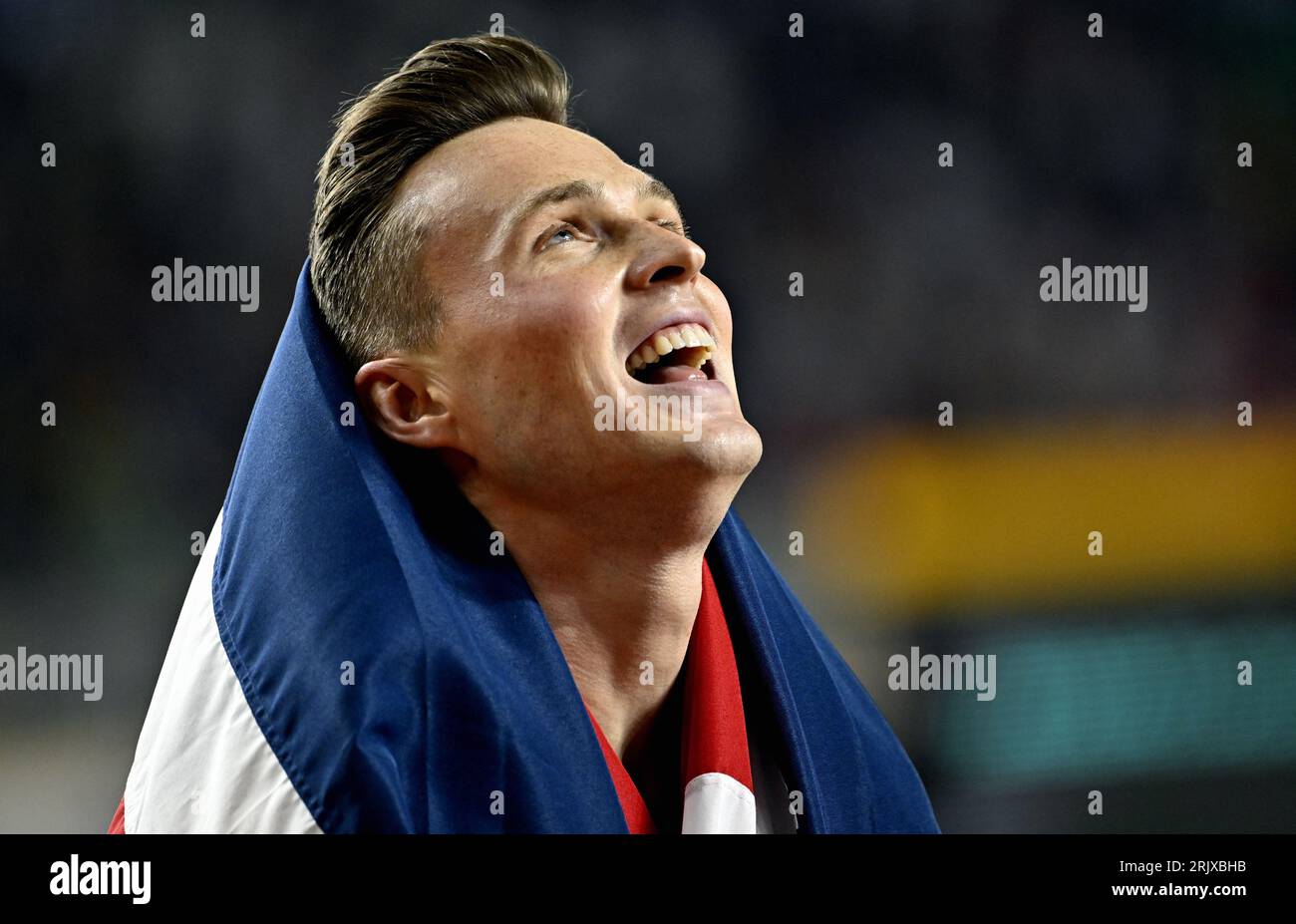 Budapest, Hungary. 23rd Aug, 2023. Norwegian Karsten Warholm celebrates ...