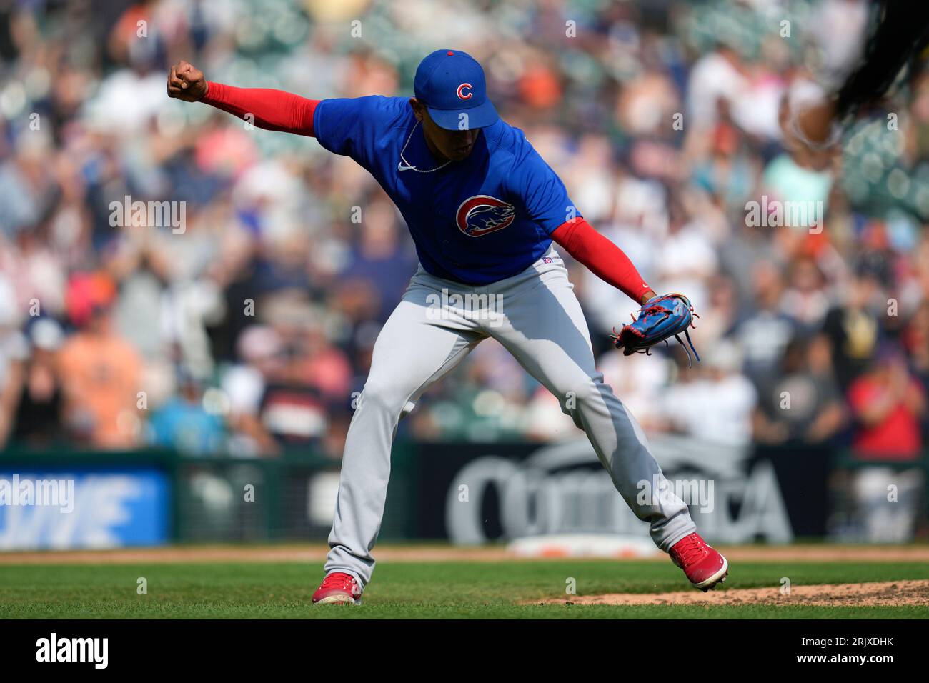 Chicago Cubs relief pitcher Adbert Alzolay reacts to the final out ...