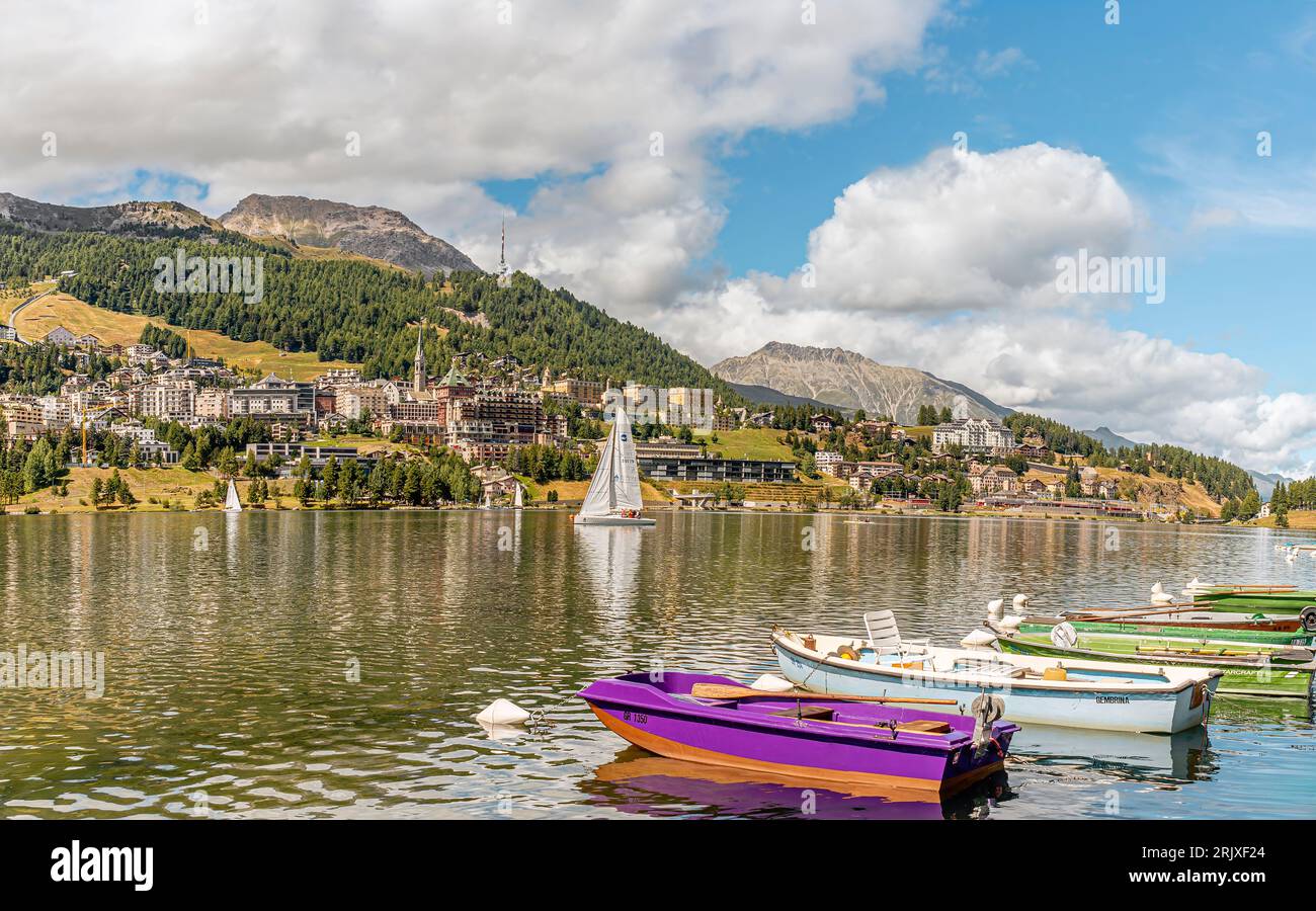 Boats at Lake St Moritz in Summer with St Moritz at the background ...