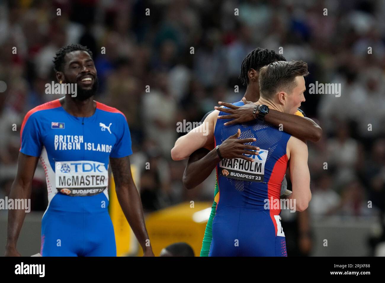 Karsten Warholm, of Norway, reacts after winning the men's 400-meters ...