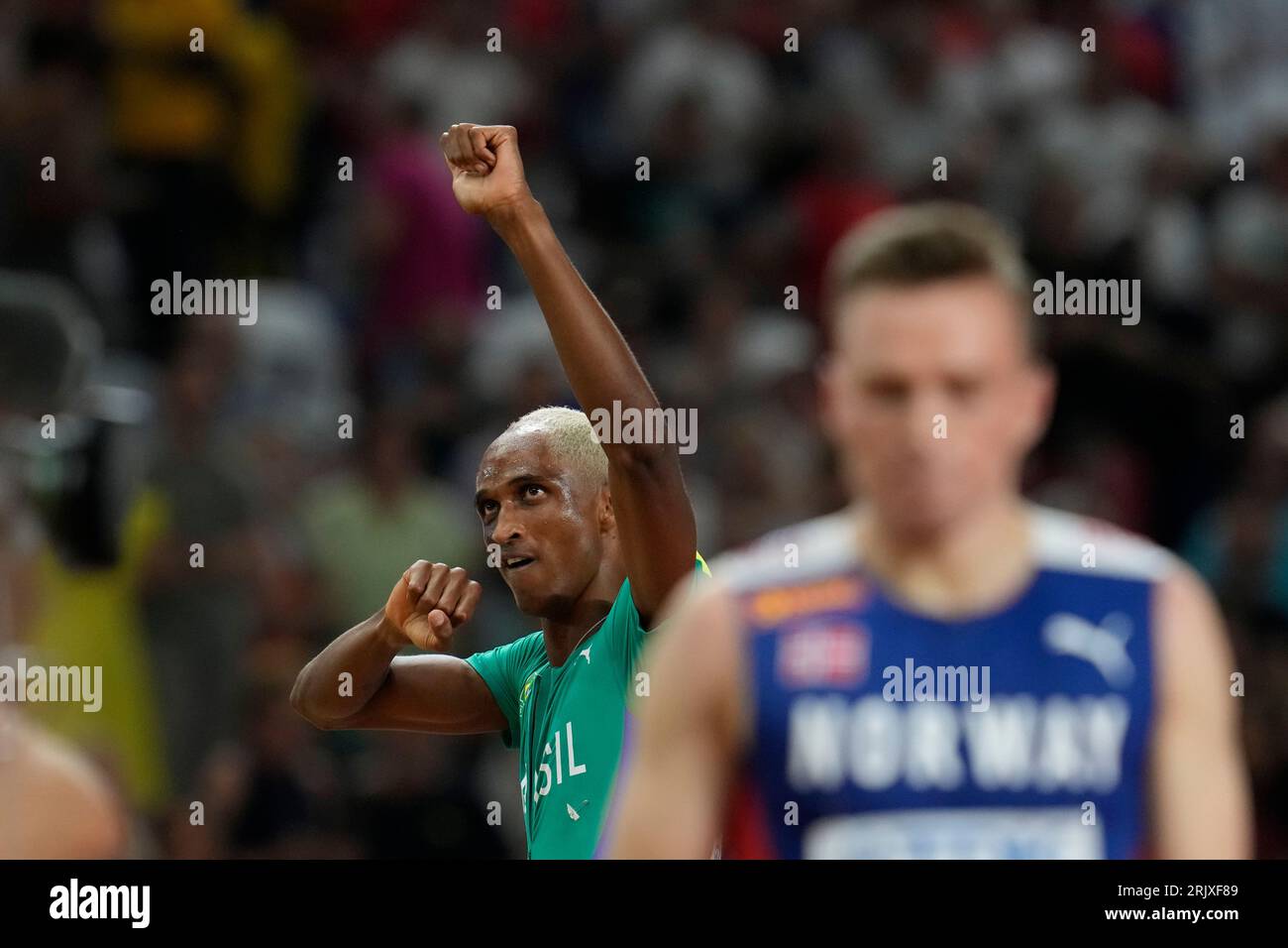 Alison Dos Santos, of Brazil, reacts after competing in the men's 400 ...