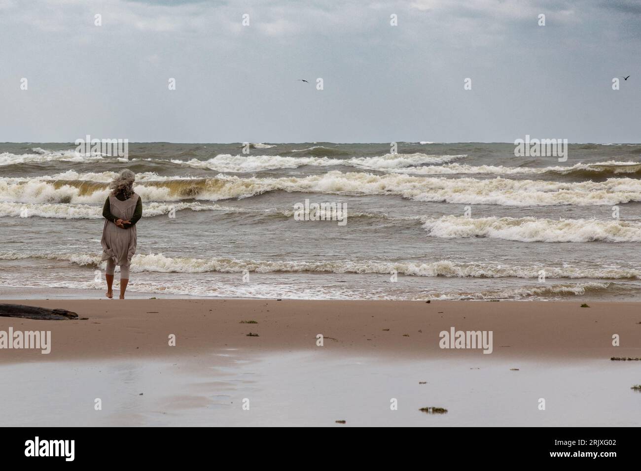 An older woman contemplates the wind-whipped waves of Lake Huron Stock ...