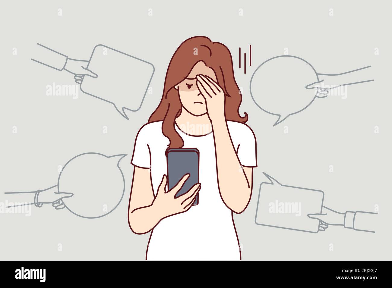Upset woman with phone suffers from bullying and hate on social ...