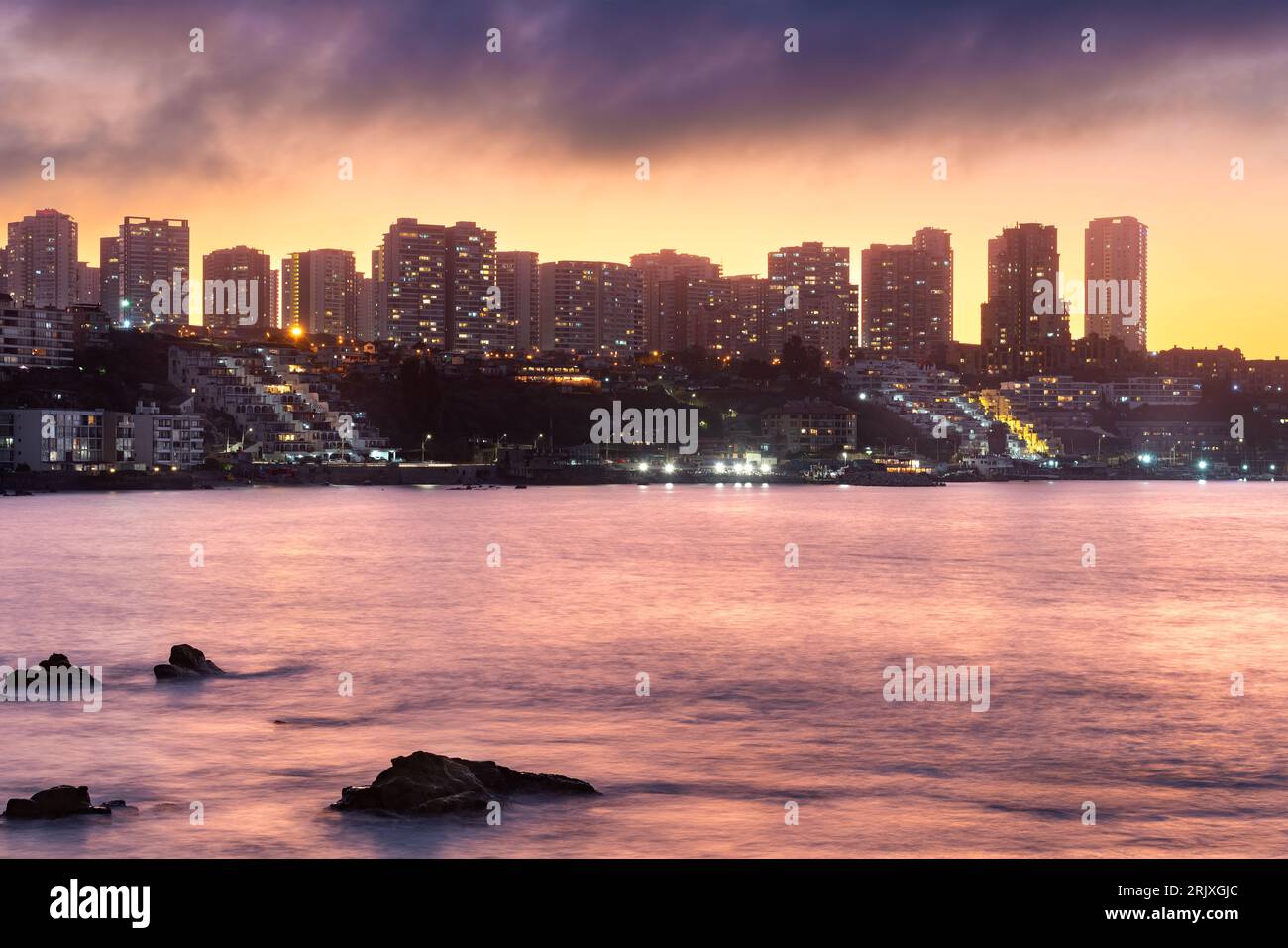 Skyline of buildings in Concon at sunset, Valparaiso Region, Chile ...