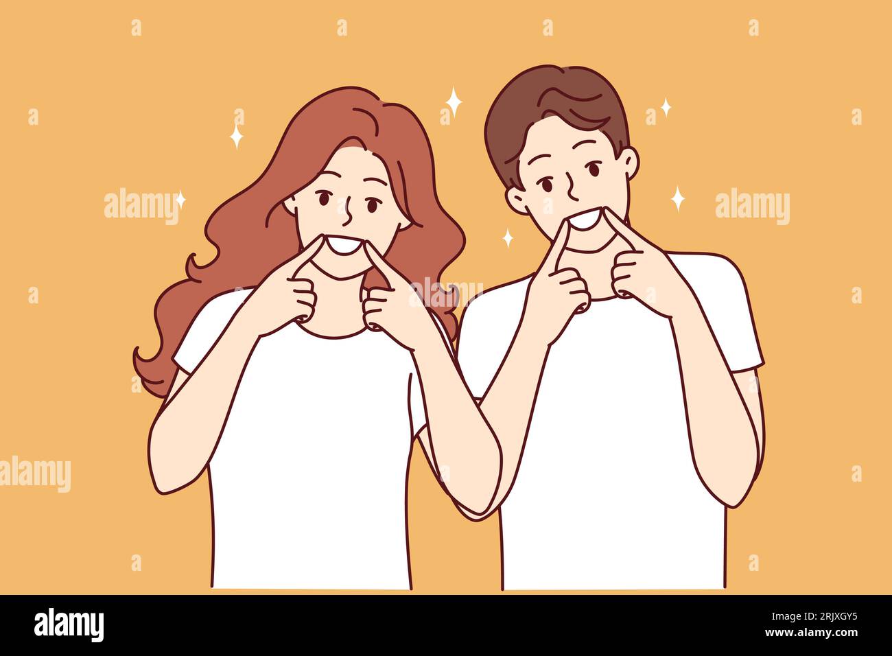 Happy man and woman smile broadly and raise fingers to mouths ...