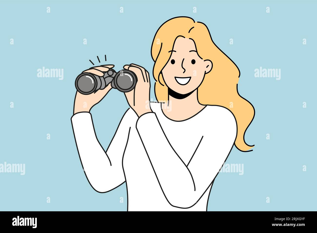 Woman with binoculars smiles and looks into camera, showing curiosity ...