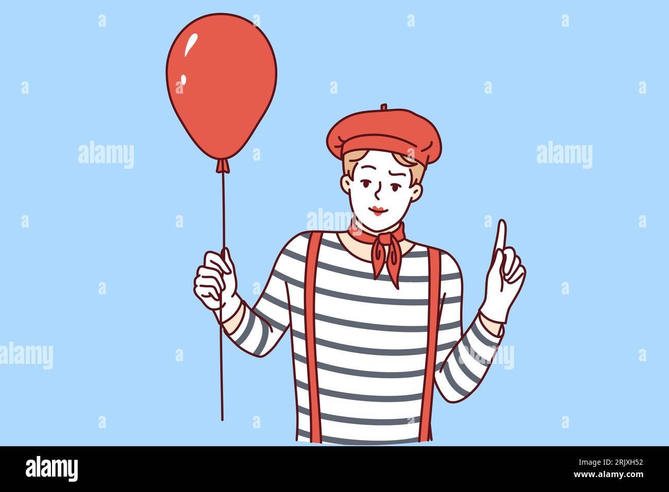 Mime man holding red balloon and pointing finger up, participating in ...