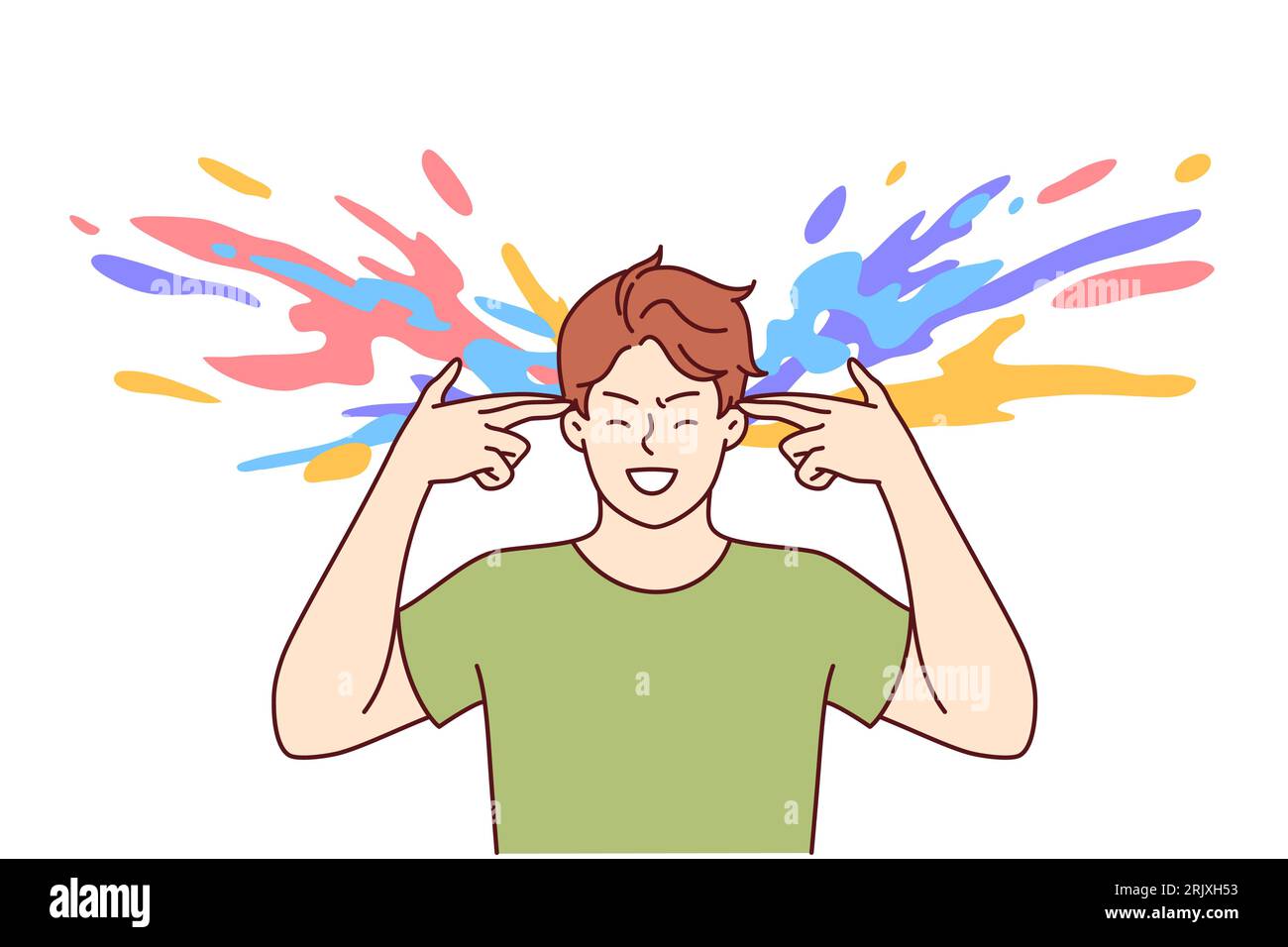 Man with creative thinking makes gesture of gun near head and colorful ...