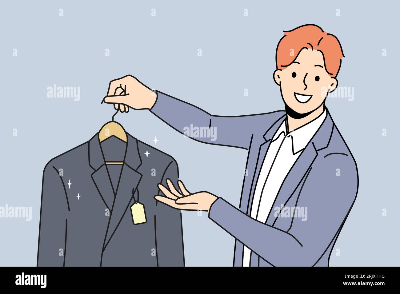 Man holds new jacket with tag offering to buy business clothes for ...