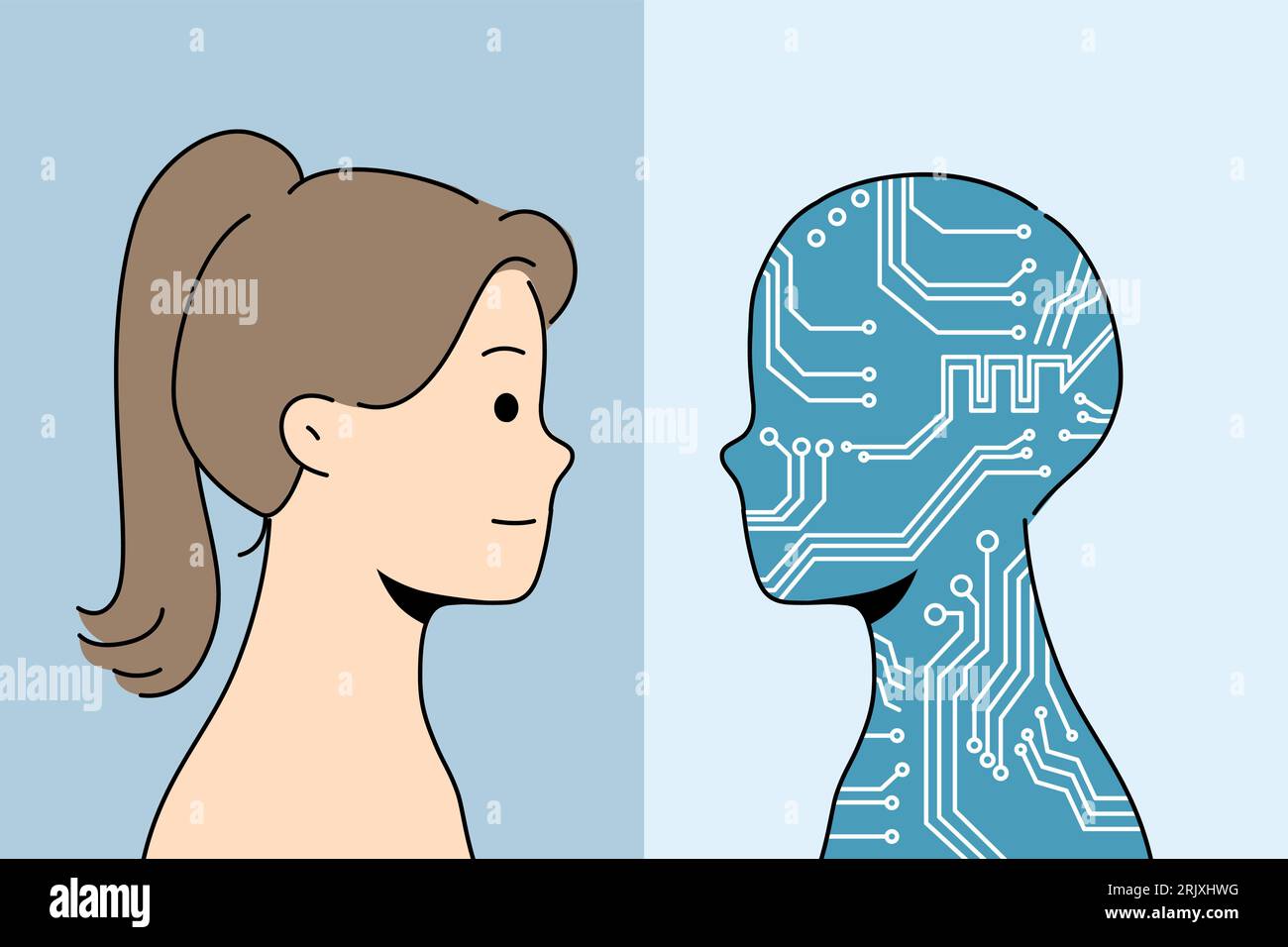Artificial intelligence in form of silhouette in colors of computer board near woman, metaphor ...