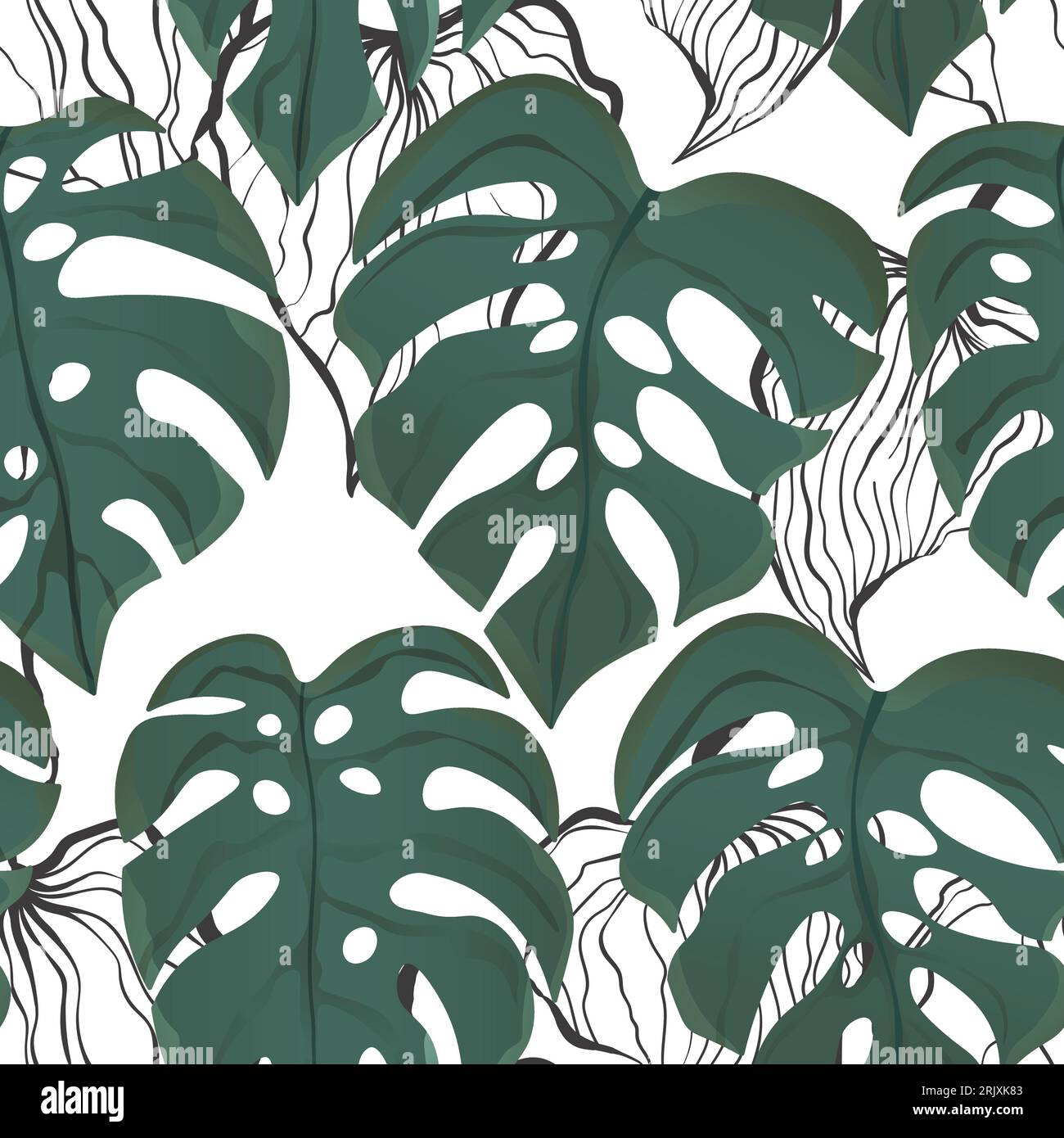 Floral seamless with hand drawn color exotic monstera leaves. Cute ...