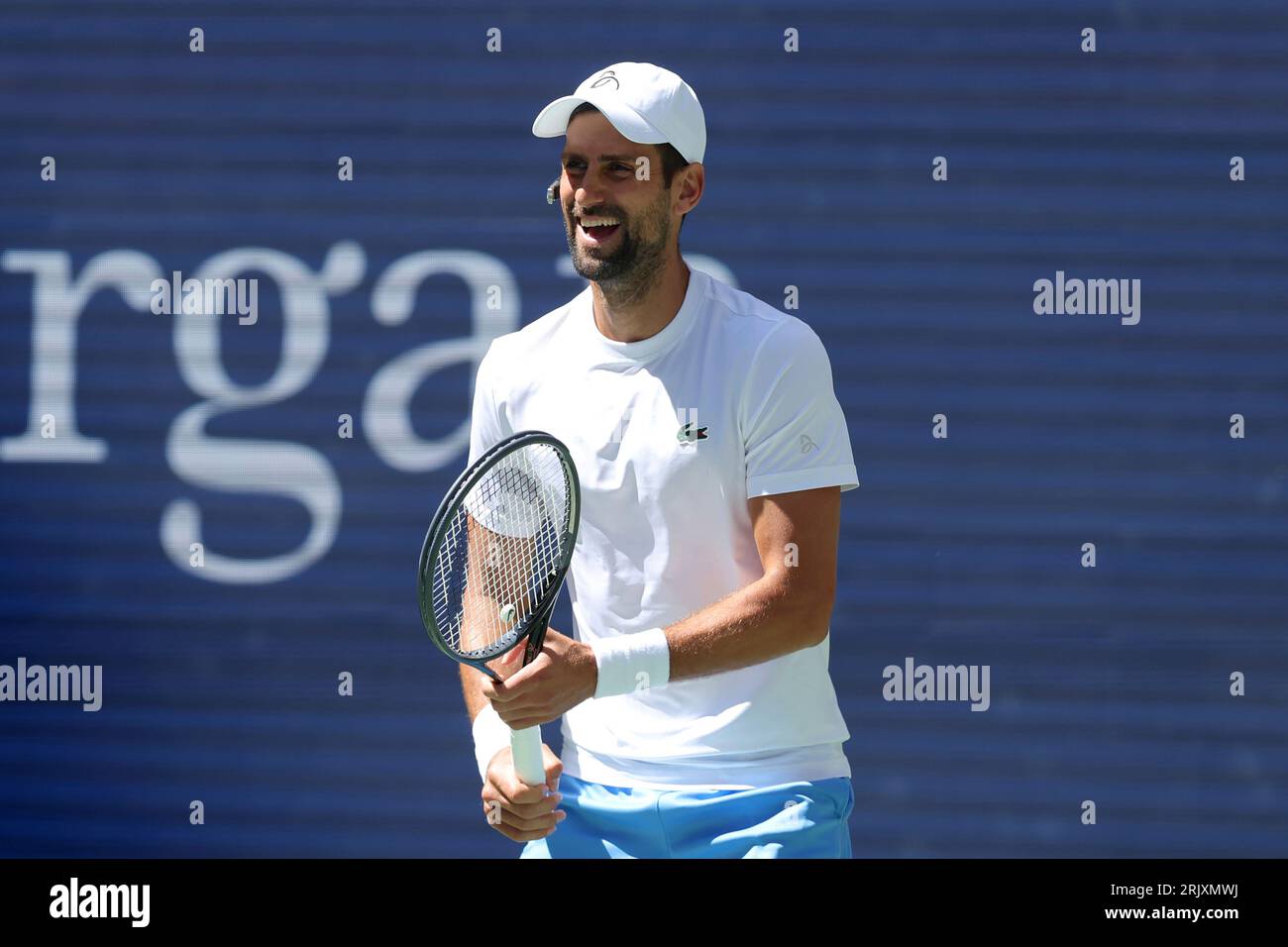 Novak Djokovic smiles during practice at the 2023 US Open, Wednesday ...
