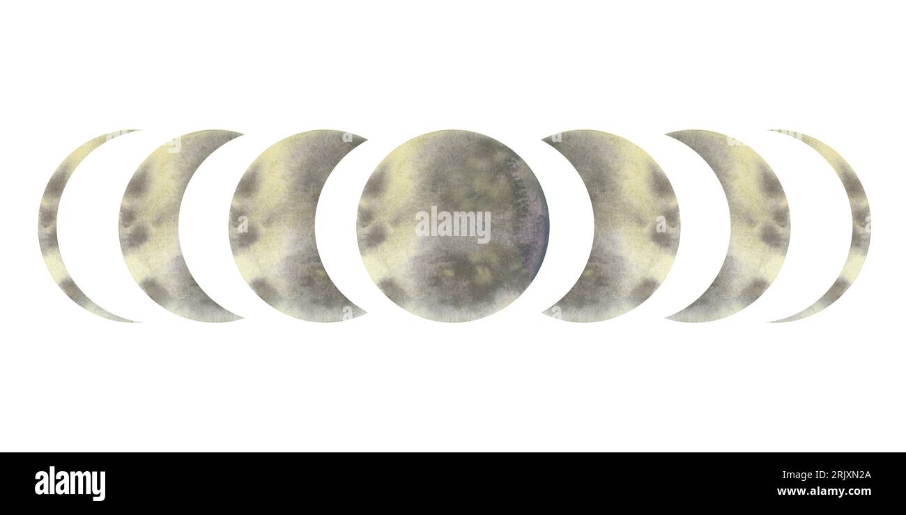 Watercolor Moon stages hand drawn isolated on white illustration. Moon ...