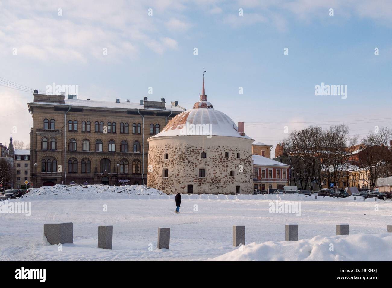Vyborg, Russia - February 20, 2023: View of Market Square with old Round Tower, Vyborg, Russia ...