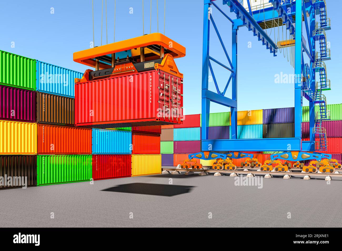 Container crane with cargo container in container port, 3D rendering ...