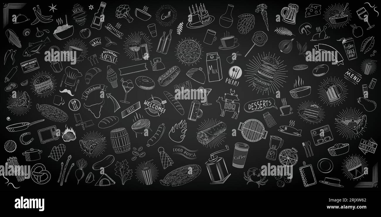 Set of restaurant doodles - food and drinks - on chalkboard background ...