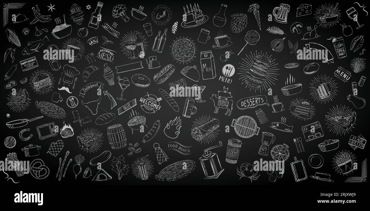 Set of restaurant doodles - food and drinks - on chalkboard background- vector illustration ...