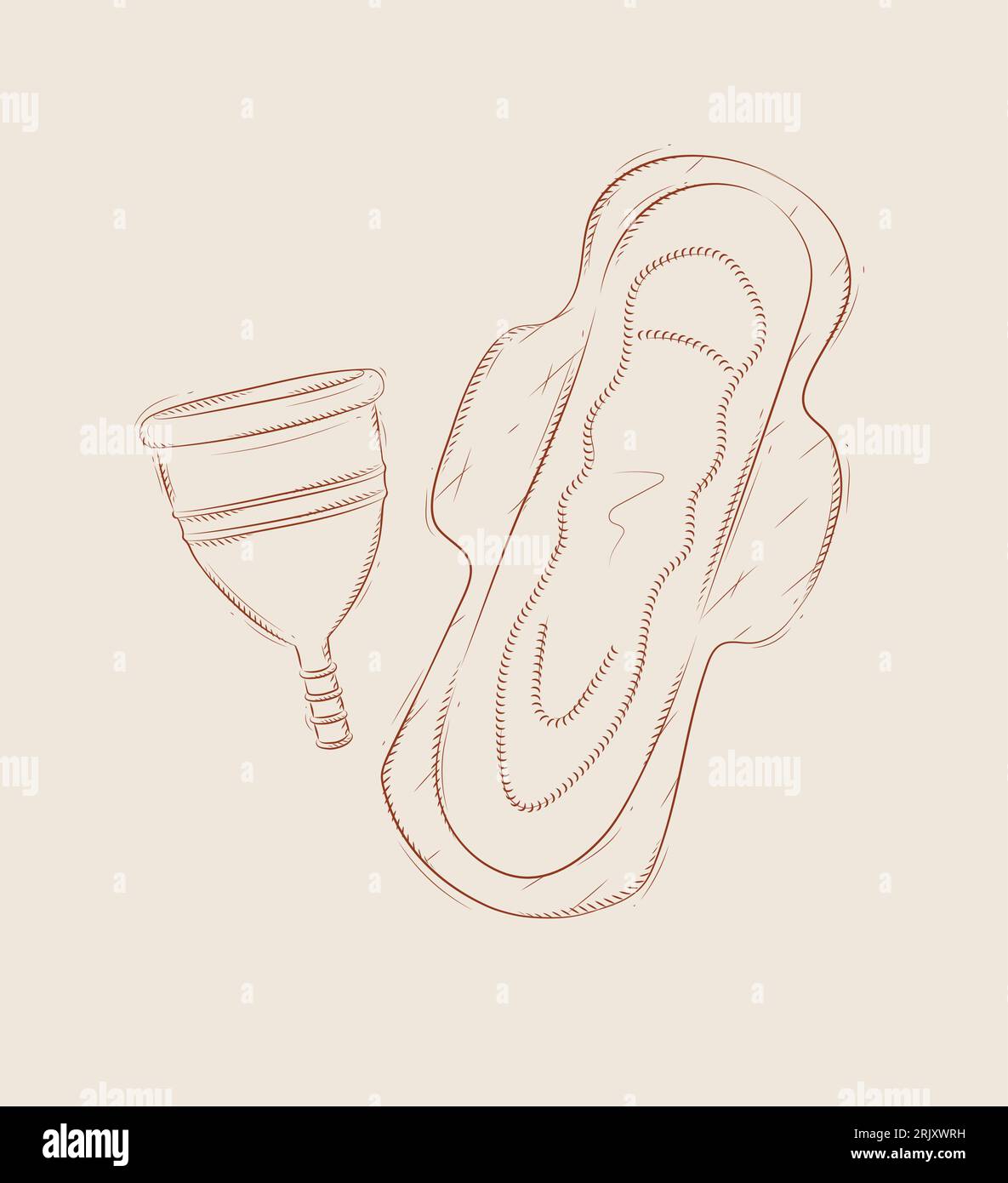 Menstrual cup and women sanitary pad composition drawing on beige ...