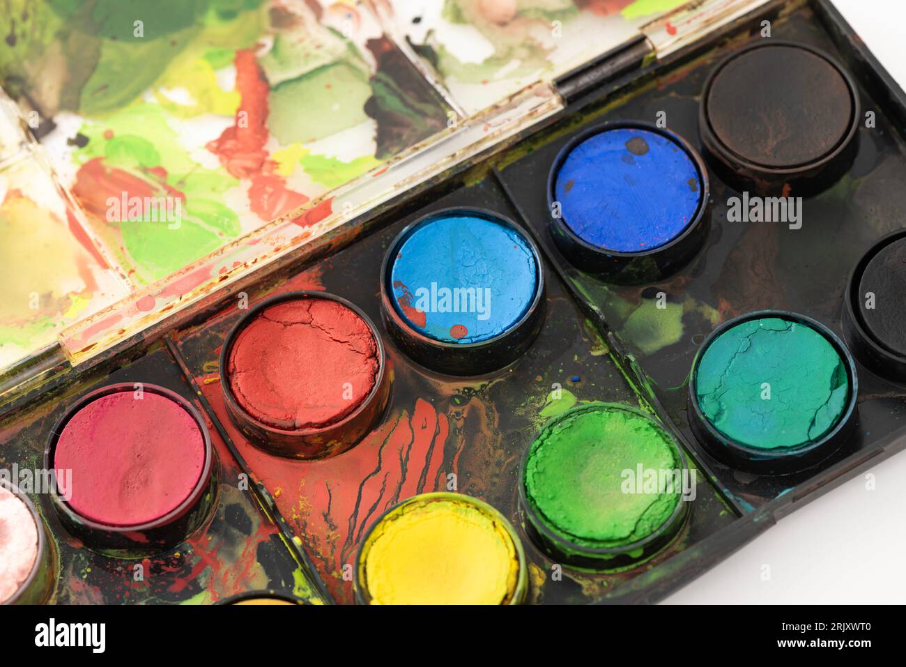 Watercolor paints table on the white background Stock Photo - Alamy