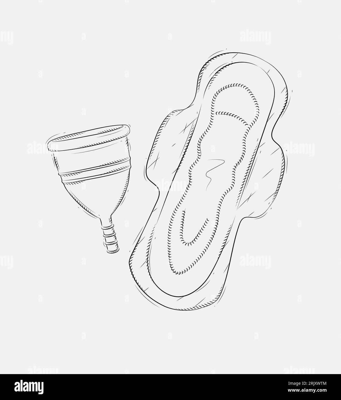 Menstrual cup and women sanitary pad composition drawing on grey ...
