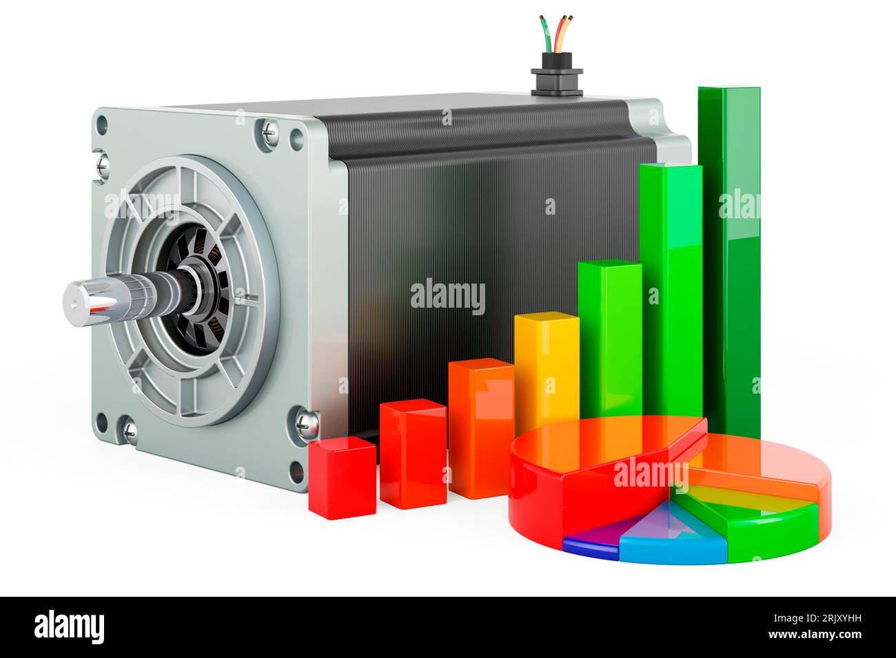 Stepper motor with growth bar graph and pie chart, 3D rendering ...