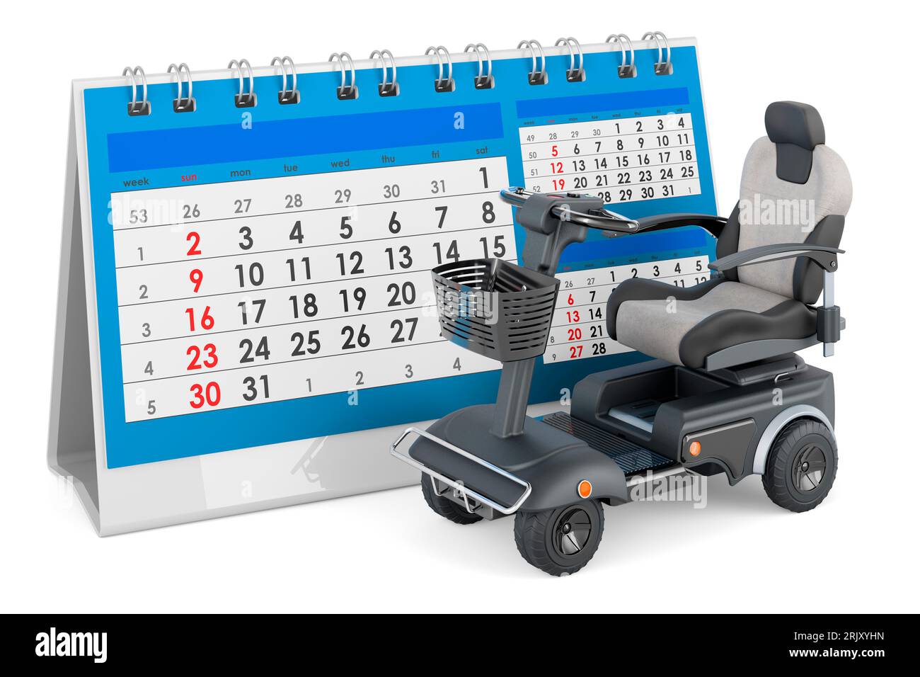 Powered mobility scooter with desk calendar, 3D rendering isolated on ...