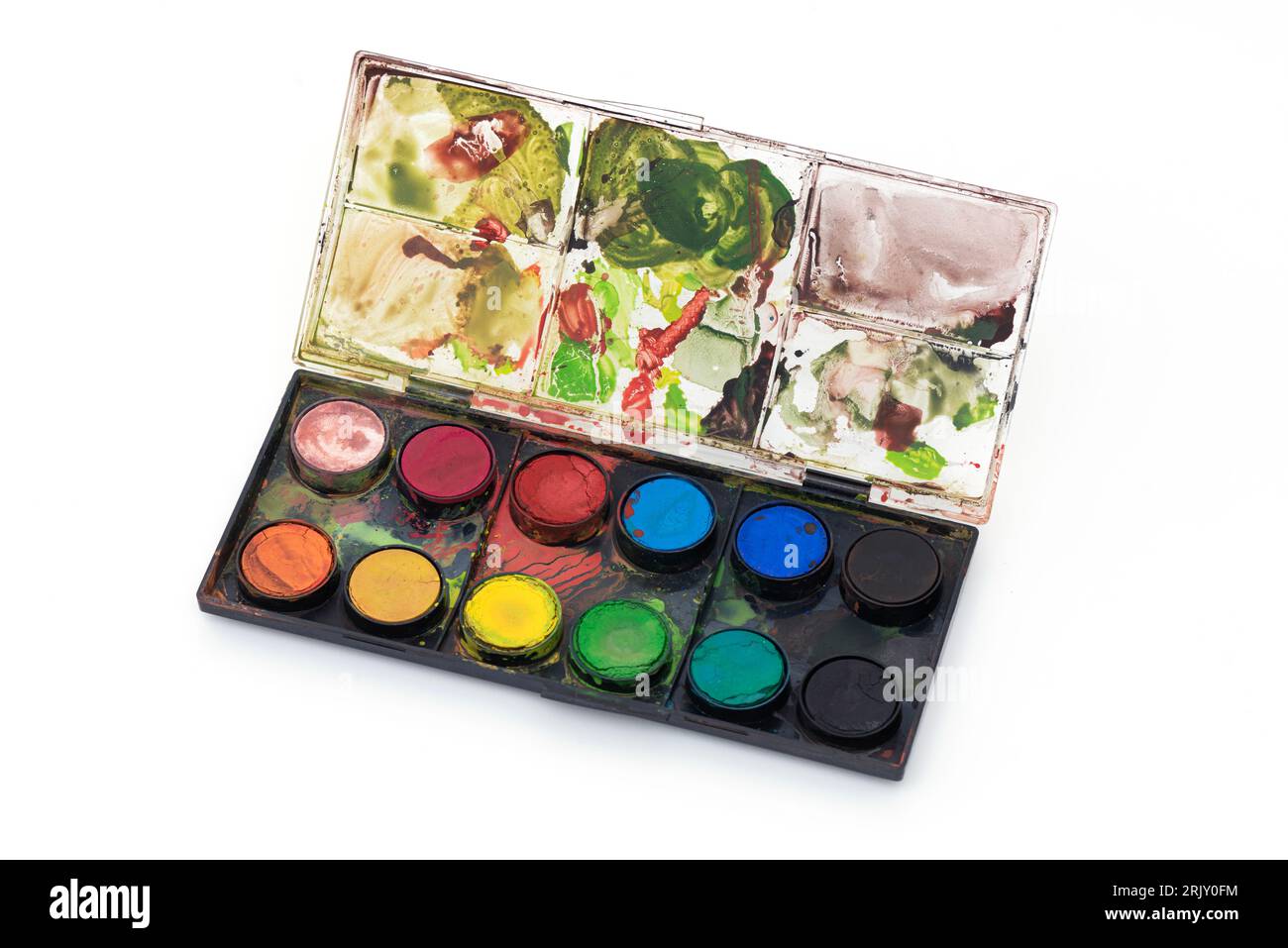Watercolor paints table on the white background Stock Photo - Alamy