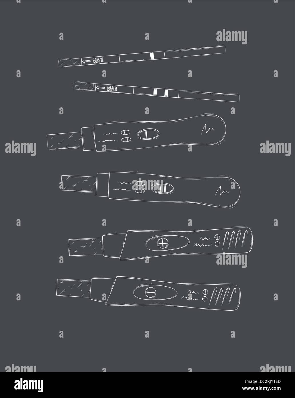 Pregnancy or ovulation tests composition drawing on black background ...