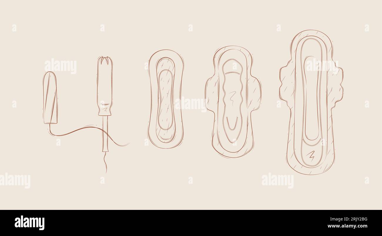 Women sanitary pads and tampons set drawing on beige background Stock ...