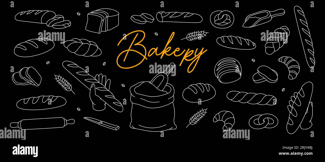 Set of bakery sketch. Breads outline banner. Bakery line horizontal ...