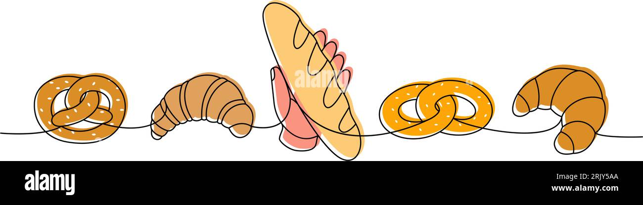 Pastry products one line colored continuous drawing. Wheat bread ...