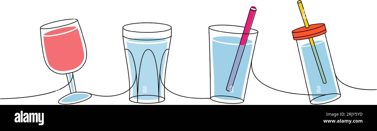 Glass cups one line colored continuous drawing. Empty glass cups ...