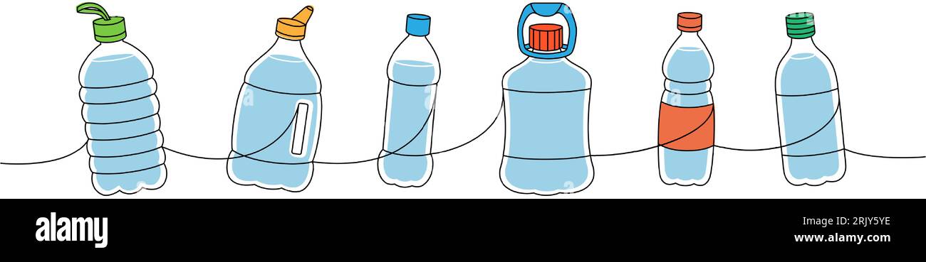 Plastic bottles one line colored continuous drawing. Empty plastic ...