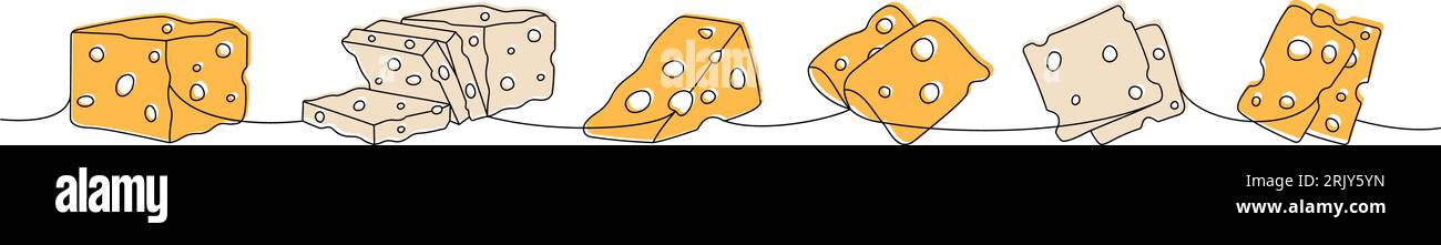 Cheese products one line colored continuous drawing. Different types of ...