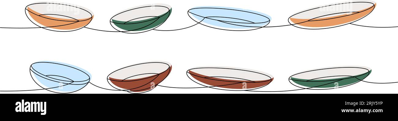 Ceramic plates set one line colored continuous drawing. Kitchen ...