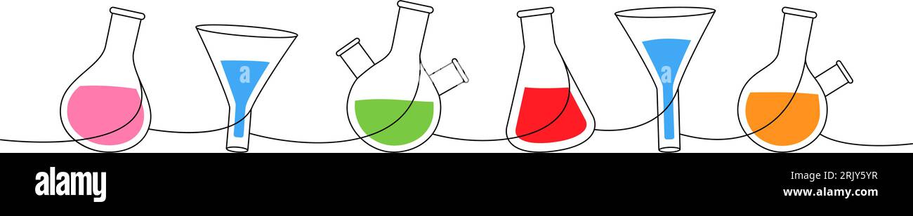 Lab glassware one line colored continuous drawing. Round bottom flask ...
