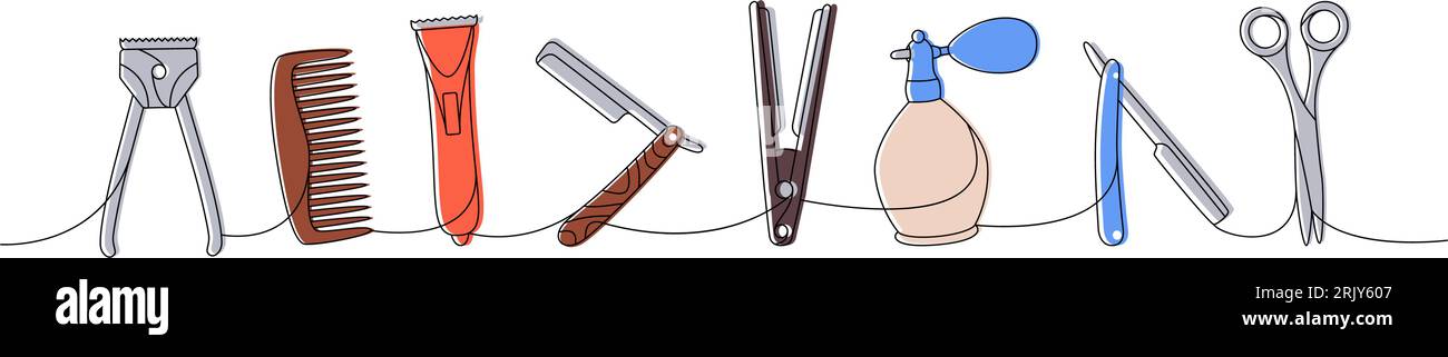 Barber shop tools one line colored continuous drawing. Clipper, comb ...