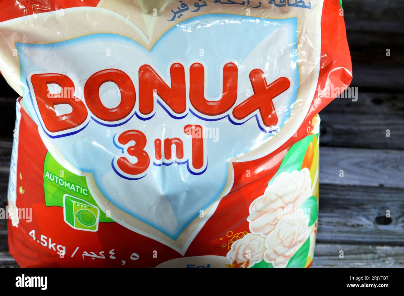 Cairo, Egypt, August 17 2023: Bonux automatic laundry detergent powder with fol scent, 4.5 ...