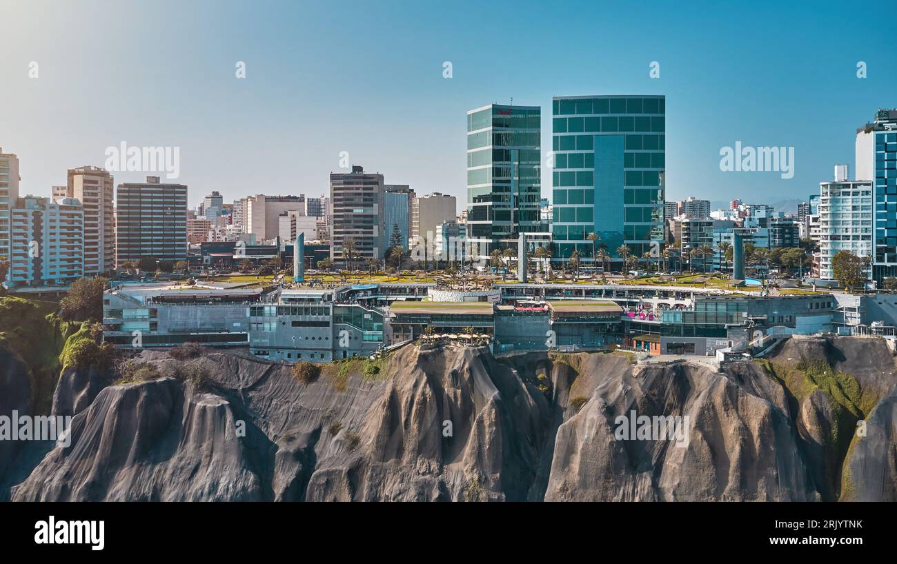 Aerial view of Miraflores district and Larcomar, Panoramic aerial view of Lima city, in Peru ...