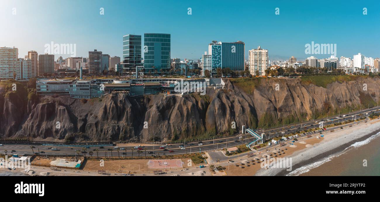 Aerial view of Miraflores district and Larcomar, Panoramic aerial view of Lima city, in Peru ...