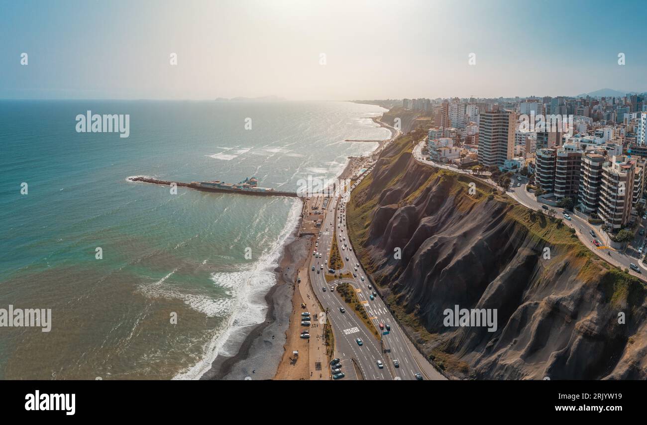 Aerial view of Miraflores district and Larcomar, Panoramic aerial view of Lima city, in Peru ...