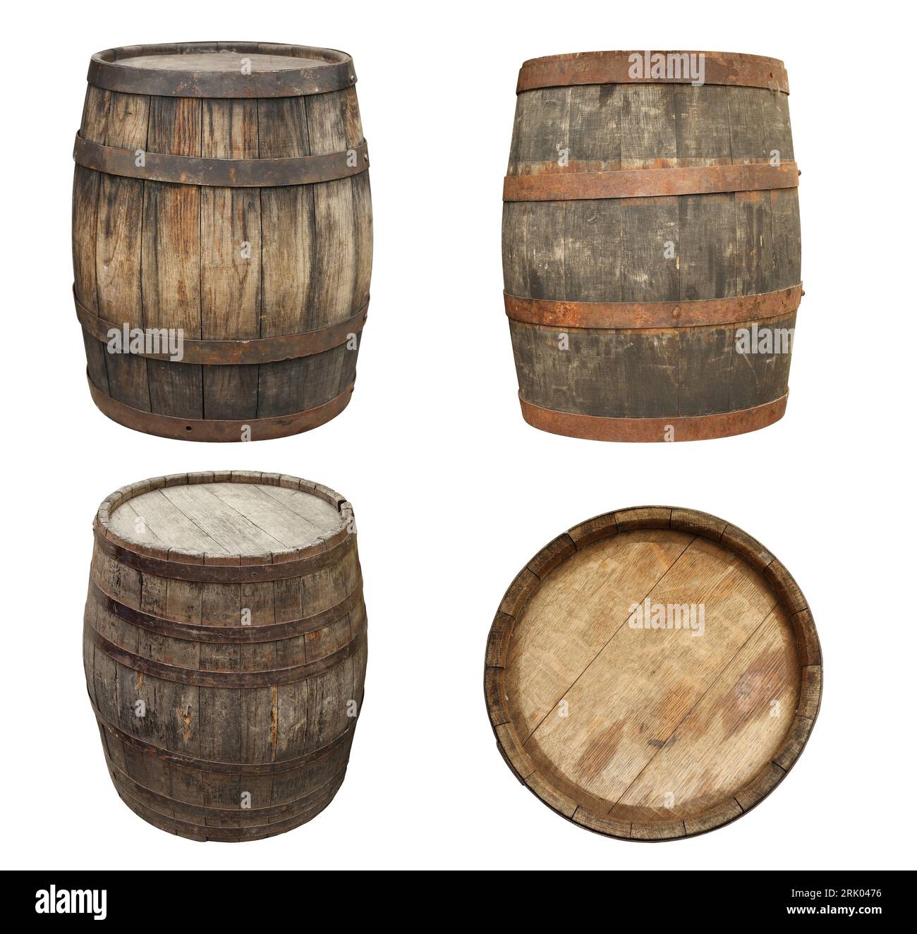 Different wooden barrels isolated on white, top and side views. Collage ...