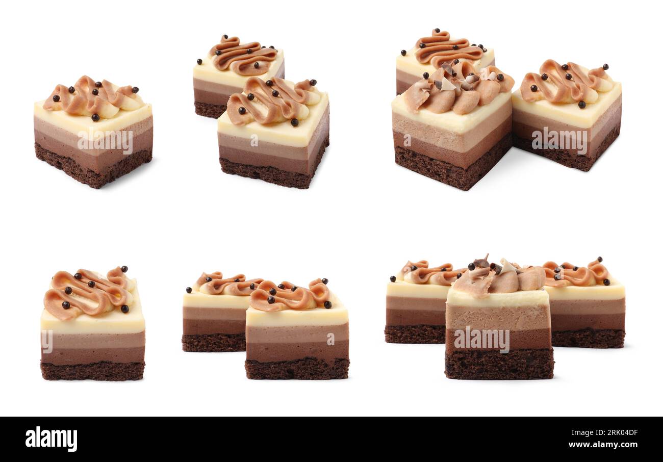 Set with pieces of triple chocolate mousse cake isolated on white ...