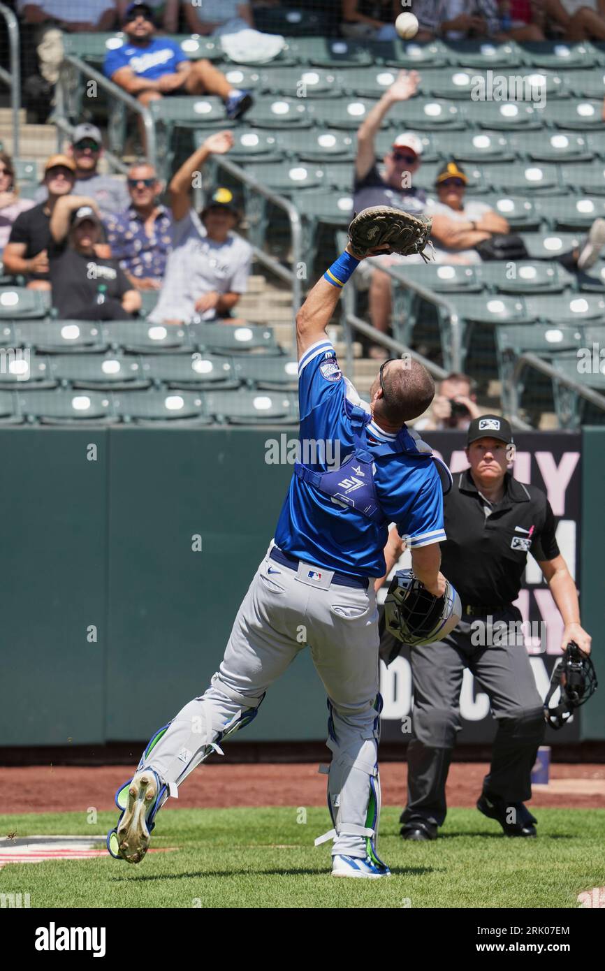 August 20 2023: Oklahoma City catcher Patrick Mazeika (0) makes a play ...