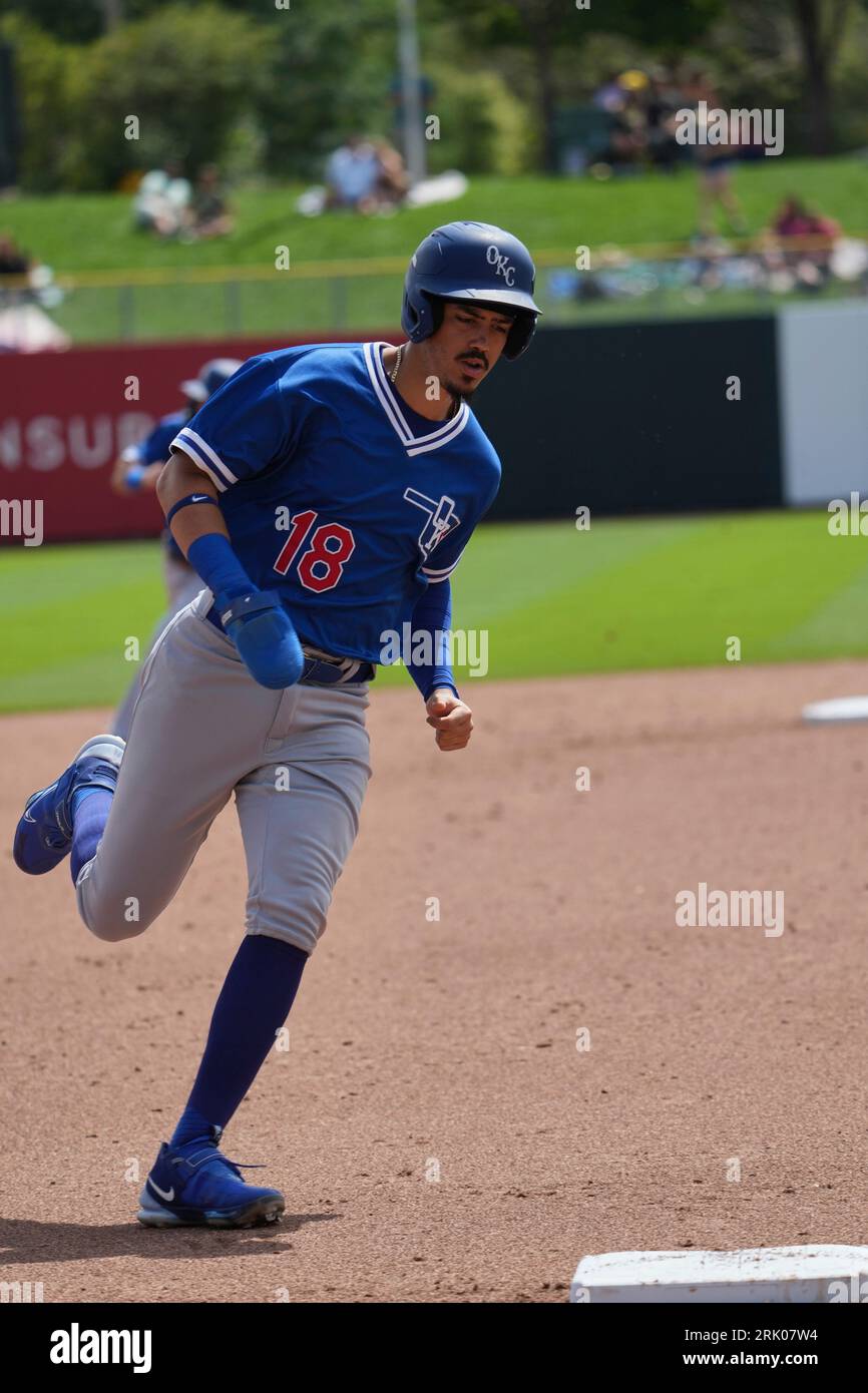 August 20 2023: Oklahoma City second baseman Miguel Vargas (18) rounds third during the game ...