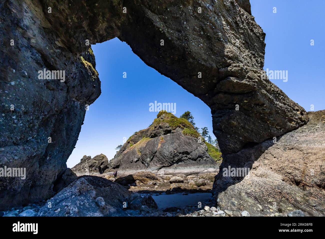 Hikers can walk under a big arch at low tide at Point of Arches ...