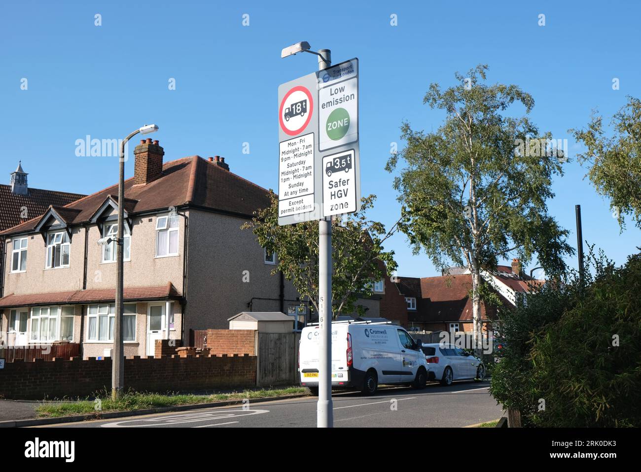 London, UK. A Low Emission Zone and Safer HGV zone road sign in South ...