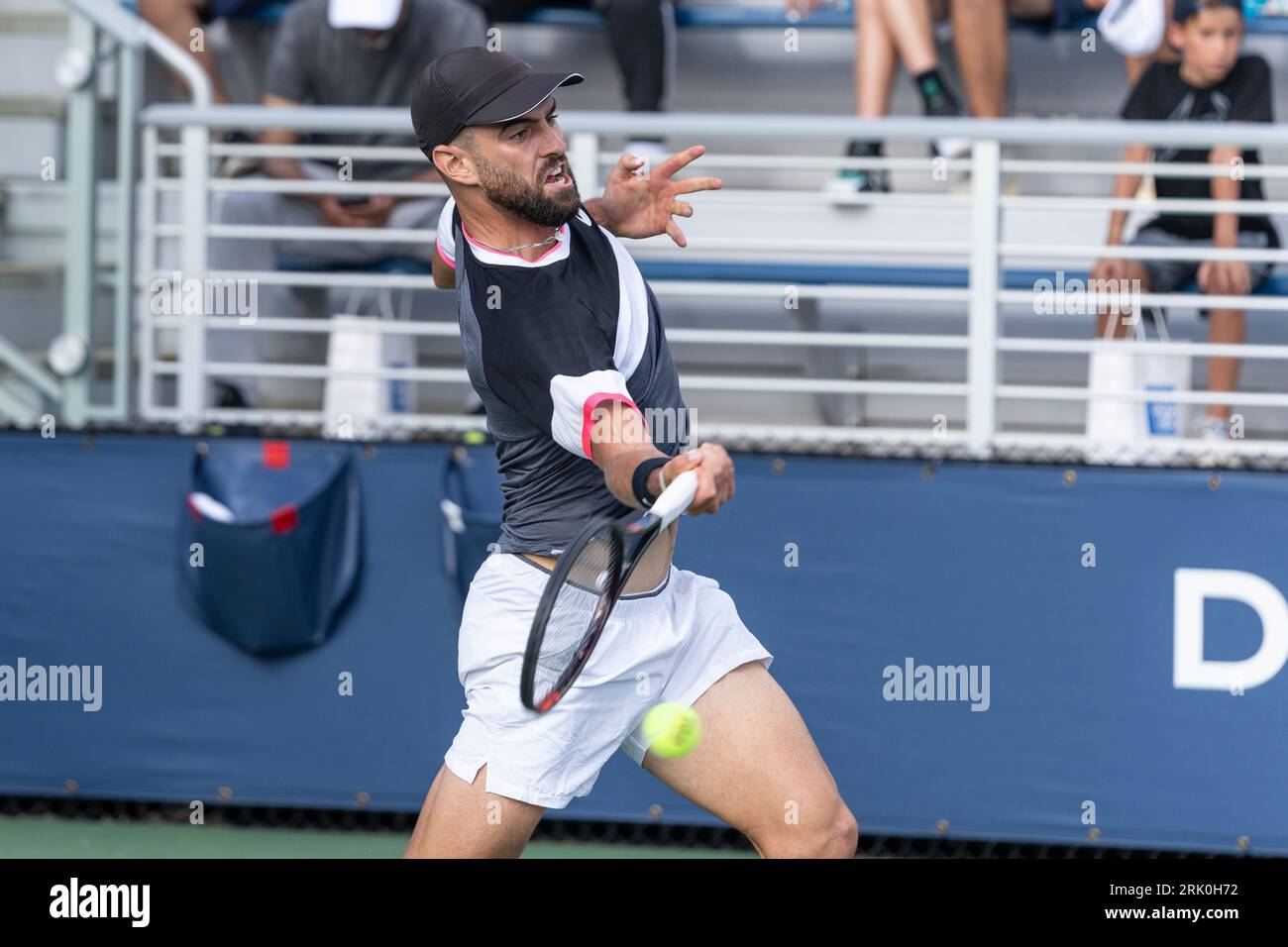 Nicolas Moreno De Alboran of USA returns ball during 1st round match against Elias Ymer of ...