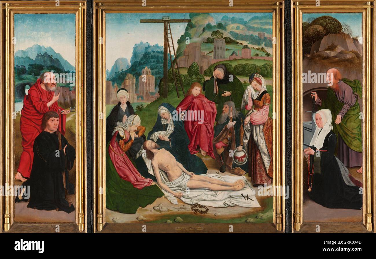 Triptych with the Lamentation (centre panel), the donor with St Peter (inner left wing), the ...