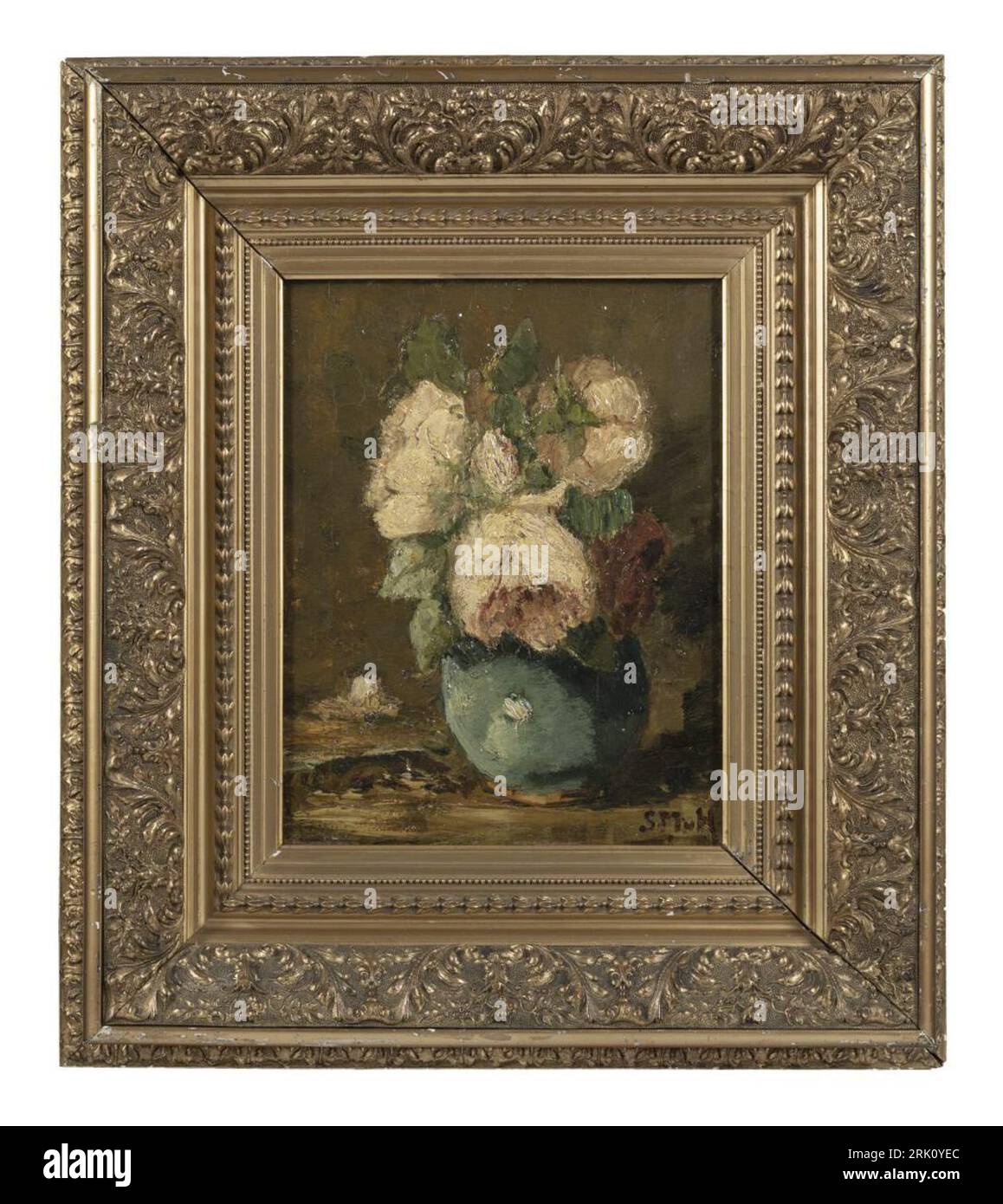 Witte en rode pioenrozen in groene pot between 1870 and 1909 by Sina ...
